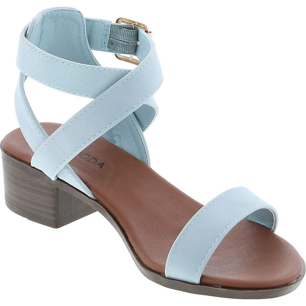 TOP Moda Vision-75 Women's Ankle Wrap Adjustable Buckle Stacked Chunky Heel Sandal,Light Blue,5.5
