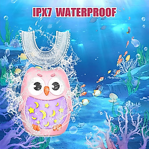 AUITRONCARE Kids Toothbrush Electric, Toddler Electric Toothbrush Ultrasonic Toothbrush 360° Cleaning U Shaped Toothbrush Come with 3 Brushing Heads and Cup for Toddlers & Children (Owl-Pink)