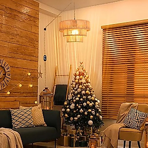 QIYIZM Plug in Pendant Light Boho Hanging Lights with Plug in Cord Rattan Hanging Lamp Dimmable Wicker Bamboo Woven Lamp Shade Hemp Rope Plug in Ceiling Light Fixture for Living Room Bedroom Kitchen