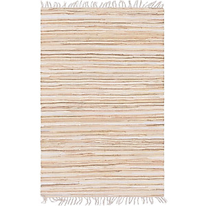 Unique Loom Chindi Cotton Collection Soft Hand Woven Natural Fiber Striped Area Rug, 4 ft x 6 ft, Beige/Ivory
