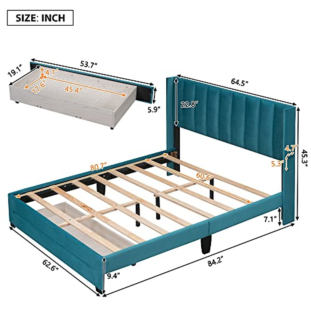 Prohon Queen Bed Frame with Wingback Headboard and A Big Storage Drawers on Endbed, Velvet Upholstered Platform Bed w/Wood Slats Support Mattress Foundation,No Box Spring Needed,Easy to Install,Blue