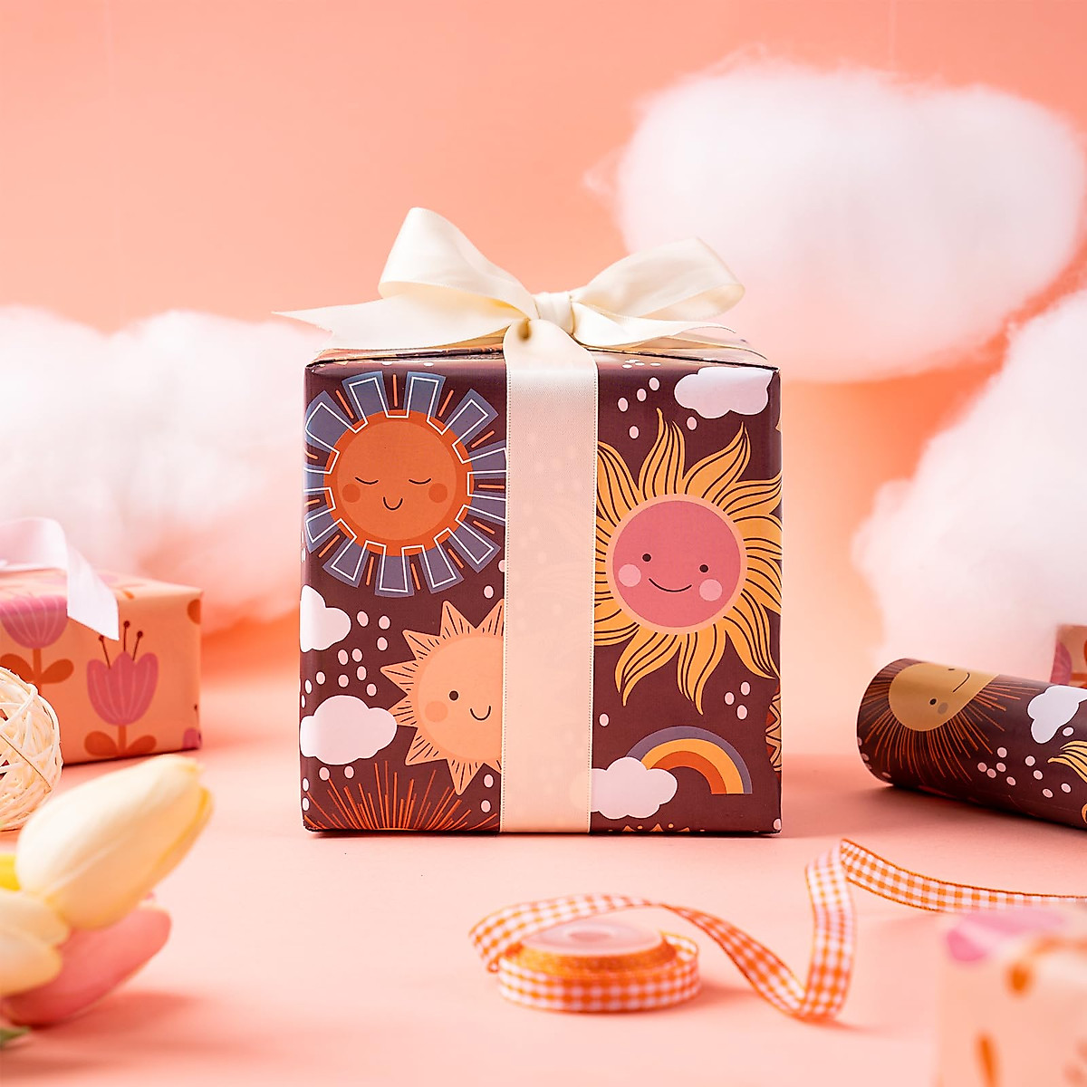 RUSPEPA Reversible Wrapping Paper Roll - Mini Roll - Sun and Flower Pattern Great for Baby Shower, Birthday, Party - 17 Inches X 32.8 Feet