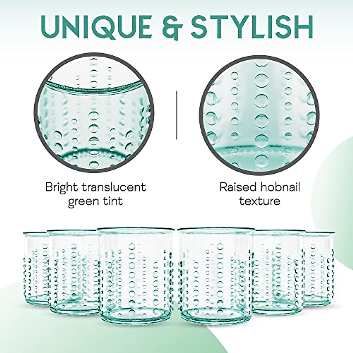 Amici Home Urchin DOF Glass | 12 Oz | Italian Made, Recycled Green Glass | Hobnail Drinking Glass for Water, Iced Tea, Milk, Juice, Cocktails, Fresh Drinks (Set of 6)