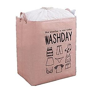 Shellconch Foldable Storage Bin Basket Laundry Basket，Foldable Fabric Storage Bin With Drawstring Cover。Dirty Clothes Hamper for Bedroom.（16.5L x 12.6W x 21.6H） (Pink)