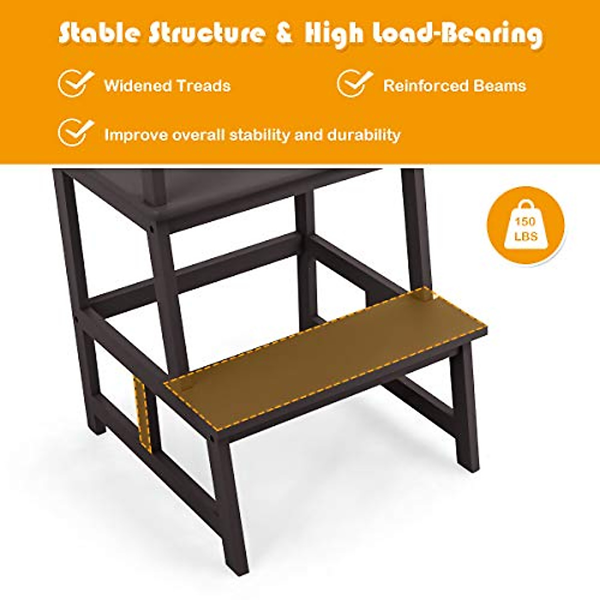 Costzon Kids Kitchen Step Stool with Safety Rail, Toddler Kitchen Stool w/Solid Bamboo Construction, Child Stand Helper for Kitchen Bathroom Living Room, Perfect for Toddler from 18-36 Months (Brown)