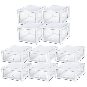 Sterilite 27 Quart (4 Pack) and 16 Quart (6 Pack) Stackable Clear Plastic Storage Drawer Containers for Home and Office Organization, White