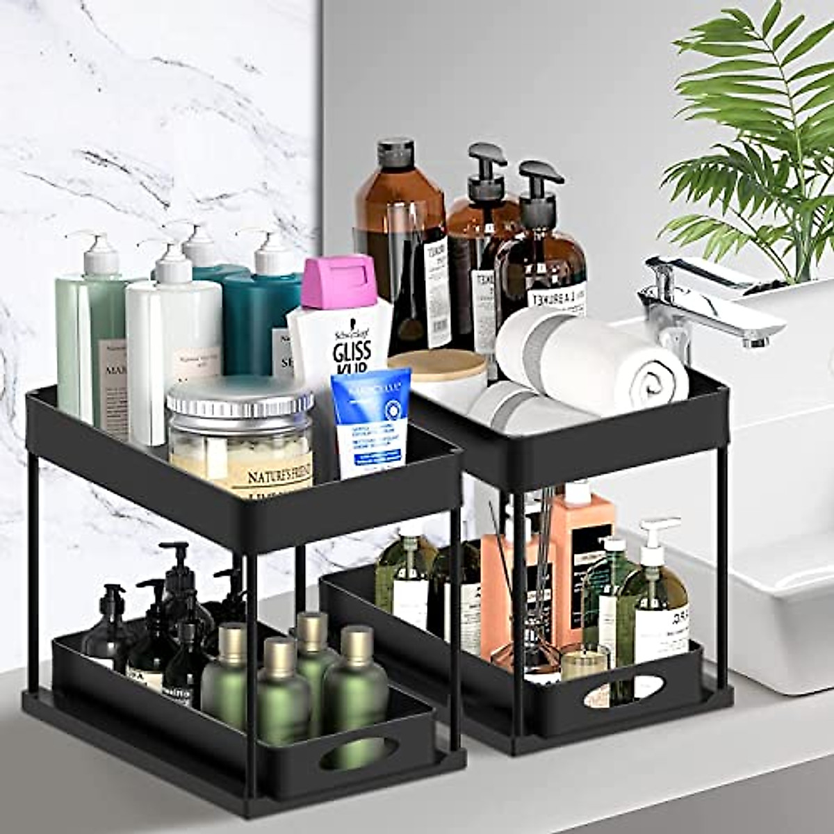 EARTHALL Under Sink Organizers And Storage, 2 Pack Sliding Cabinet Basket Organizer Drawers With Hooks And Bendable Brush, Under Bathroom Sink Organizer Cleaning Supplies Organizer