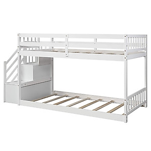 SOFTSEA Twin Over Twin Low Bunk Bed with Stairs Solid Wood Floor Bunk Beds for Boys and Girls Floor Bunk Bed No Box Spring Required (White)
