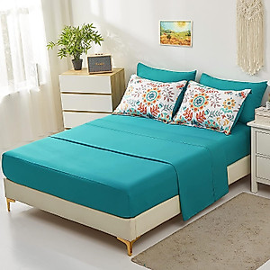 DHSFKBE Boho Comforter Set Twin - 5 Pieces Bed in a Bag Floral Medallions Design, Bohemian Comforter Set with Sheets, Soft Microfiber Complete Bedding Sets All Season (Teal Blue, Twin)