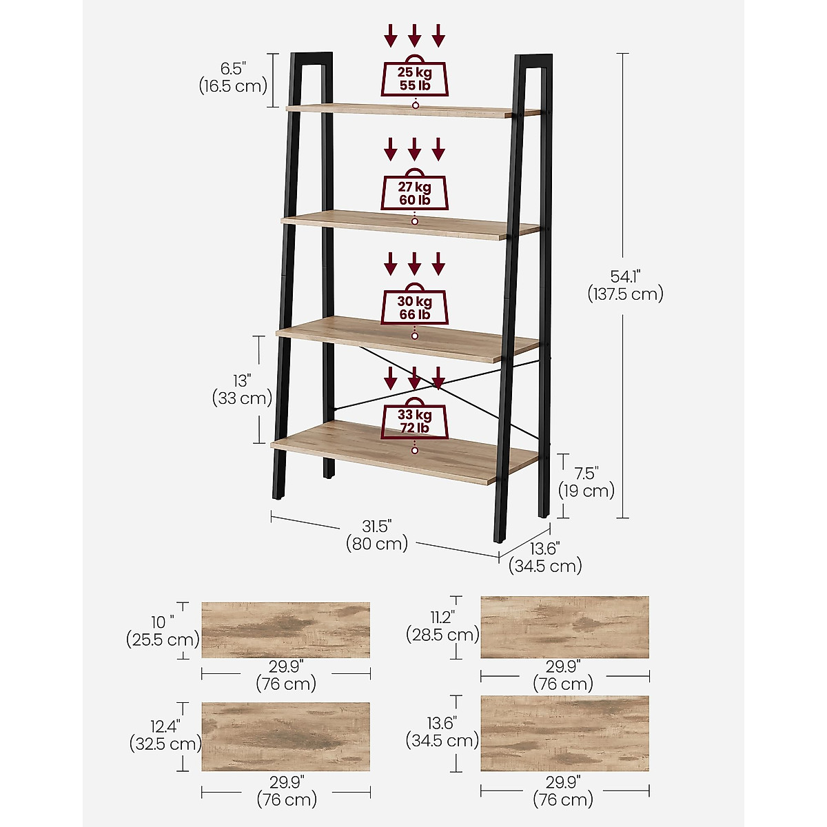 VASAGLE Ladder Shelf, 4-Tier Bookshelf, Storage Rack, Bookcase with Steel Frame, for Living Room, Home Office, Kitchen, Bedroom, Industrial Style, Camel Brown and Black ULLS144B50