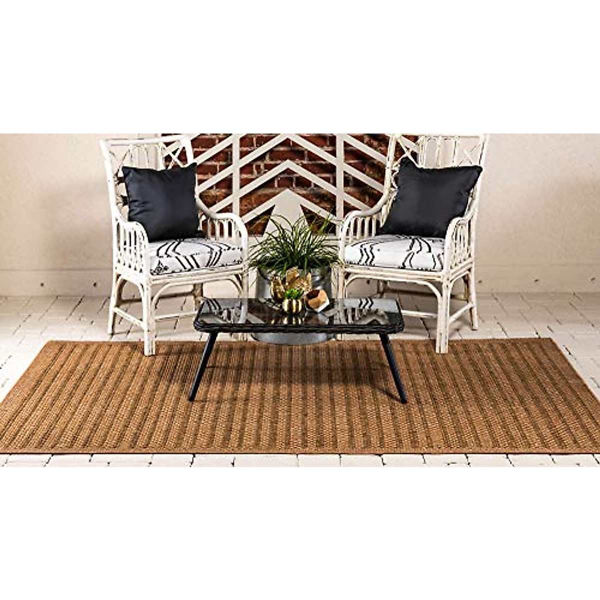 Unique Loom Outdoor Border Collection Transitional Indoor & Outdoor Casual Striped Tonal Border Area Rug (6' 0 x 9' 0 Rectangular, Light Brown/ Olive)