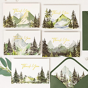 Crisky Thank You Cards 5 Assortment, Watercolor Forests Mountains Landscape Gold Foil Greeting Cards Bulk (50 Cards with Envelopes for Birthday, Baby Shower, Bridal Shower, Wedding, All Occasion)
