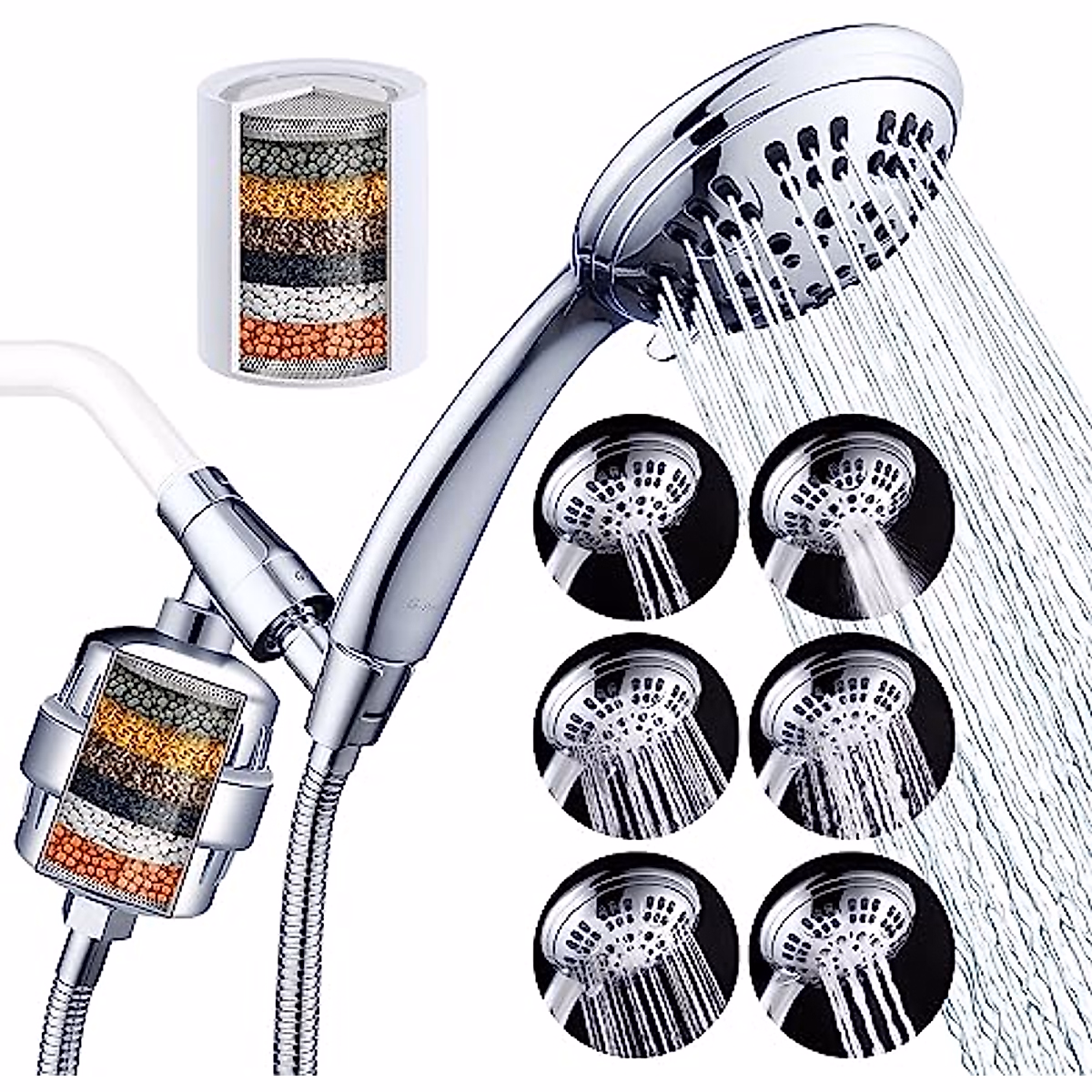 G-Promise Luxury Filtered Handheld Shower Head, 6 Spray Settings Shower Set with Effective Filter of 2 Cartridges, Adjustable Metal Bracket, Extra Long Stretchable Hose, Chrome (Chrome with Filter)