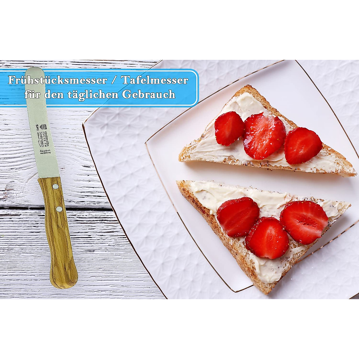 SMI - Bread Knife Solingen Butter Knife Olive Wood Handle Butter Spreader Table Knife with Wide Blade - Made in Germany - Not Dishwasher Safe
