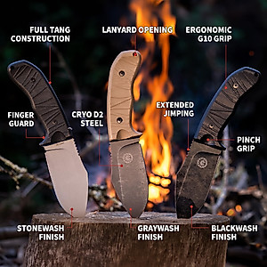 Off-Grid Knives - Alpha-Dog Coyote, Heavy Duty Fixed Blade Knife, 5mm Thick CRYO D2 Blade Steel, Full Tang, G10 Scales & XL Handle (Coyote)