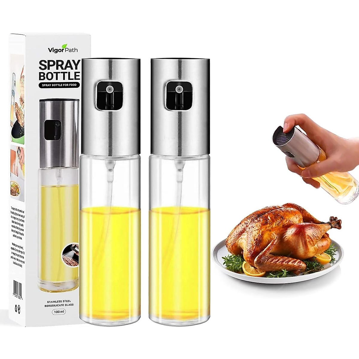 VIGOR PATH Sprayer for cooking - Olive Oil Sprayer Mister - 100ml Stainles Steel Olive Oil, Vinegar, Water and Other Liquids Sprayer - Perfect for Salad, Barbecue, Kitchen Baking and Roasting (2)