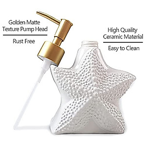 Starfish-Shaped Soap Dispenser, White Ceramic Lotion Bottle with Noble Golden Matte Pump, Ocean Themed Décor for Kitchen Sink or Bathroom