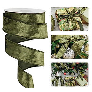 HUIHUANG Velvet Wired Ribbon 1-1/2 inch, Olive Green Velvet Ribbon for Gift Wrapping, Christmas Tree, Bows, Wreaths, Garland, Wedding Decor, Home Decor, Crafts-Continuous 10 Yards/Roll