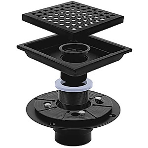 Wuhe 6-Inch Square Shower Drain with Flange,SUS304 Stainless Steel Shower Floor Drain with Removable Strainers and Cover Grid Grate,ABS Shower Drain Base and Rubber Threaded Adapter,Matte Black