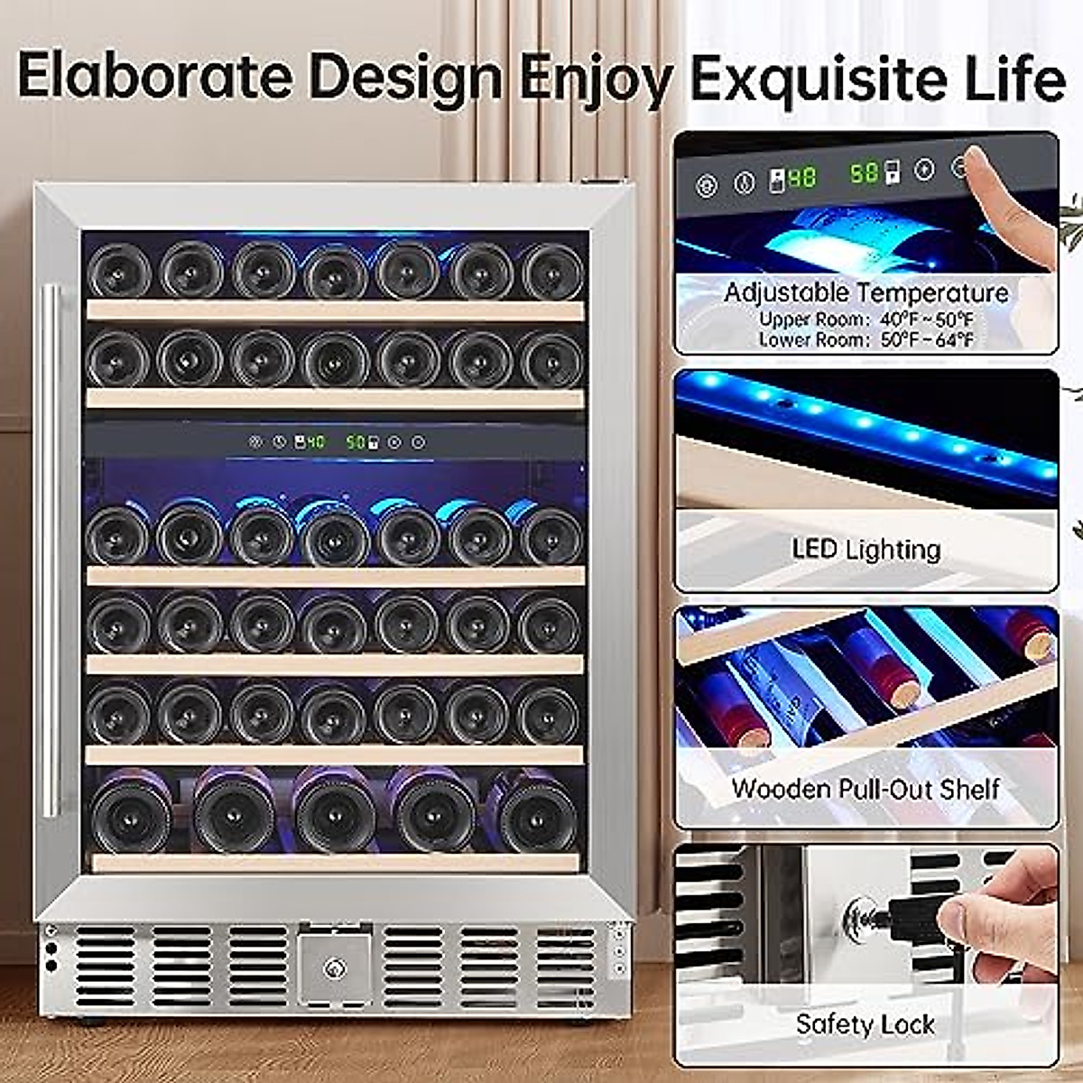 Garvee 52 Bottles Wine Fridge, Dual Zone Wine Cooler Refrigerator with 40～64°F Digital Temperature Control Compressor and Safety Lock, All Wood Removable Shelves, Stainless Steel Body, 4.8 Cu.Ft