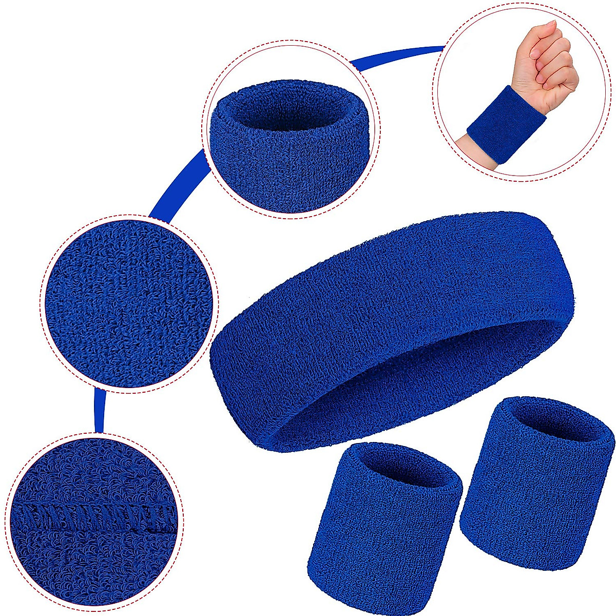 Bememo Striped Sweatbands Set - 2 Sports Headbands and 4 Wristbands for Men and Women (Blue, 6 Pieces)