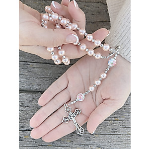 Nazareth Store Flowers Beads Rosary Necklace Crystallized Glass Pearl Beaded Rosary Miraculous Medal and Crucifix (Pink)