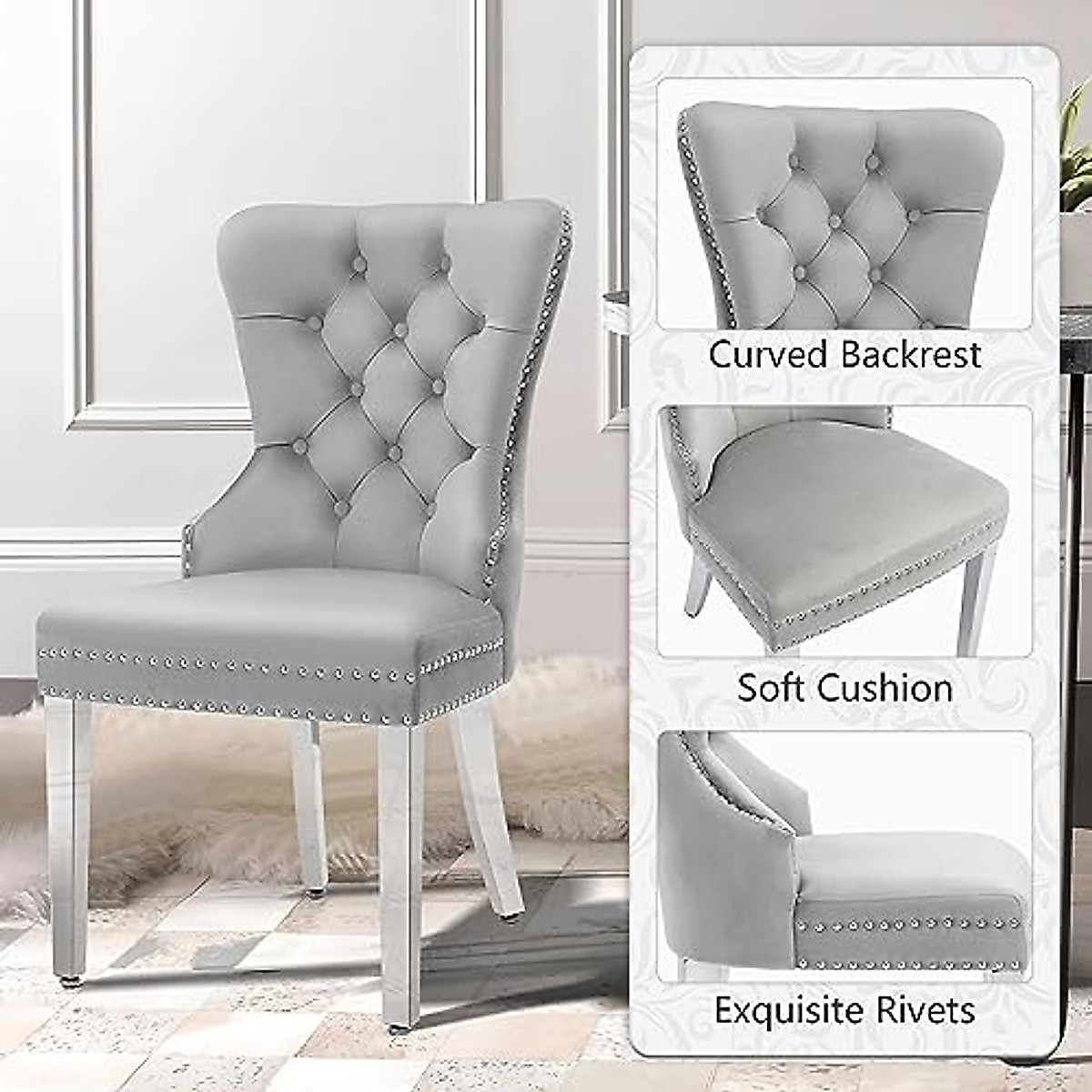 Creek Vista Velvet Dining Chairs Set of 2, Upholstered Tufted Dining Room Chairs, Stylish Stainless Steel Legs Chairs for Dining Room with Ring Pull, Grey