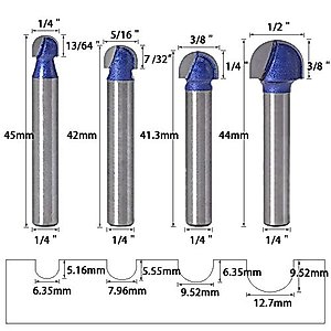 Wolfride 4pcs Core Box Router Bit 1/4 Inch Shank Round Nose Cove Box Router Bits