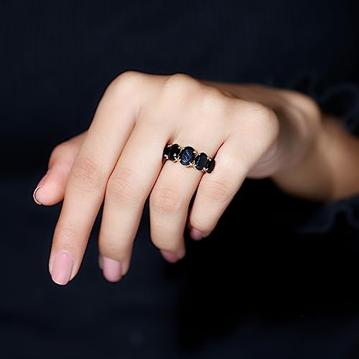 Certified Black Onyx 5 Stone Ring for Women, AAA Quality, Natural Onyx Anniversary Ring - Ready To Gift, 14K Yellow Gold, Size:US 10.00
