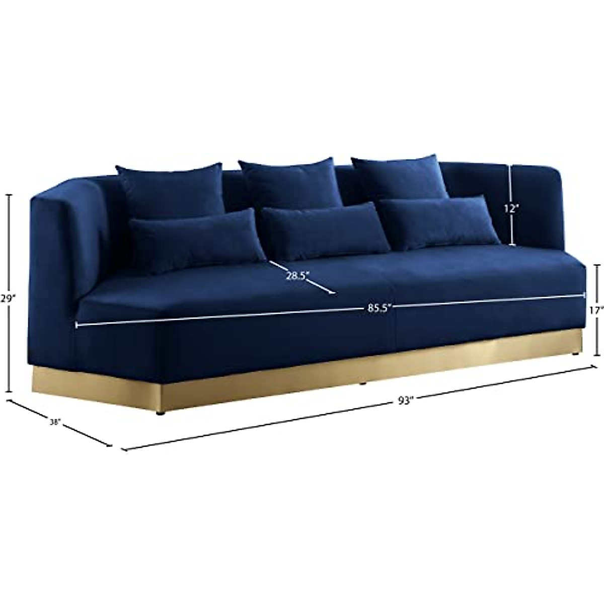 Meridian Furniture Marquis Collection Modern | Contemporary Velvet Upholstered Sofa with Stainless Steel Base in a Rich Gold Finish, 93" W x 38" D x 29" H, Navy