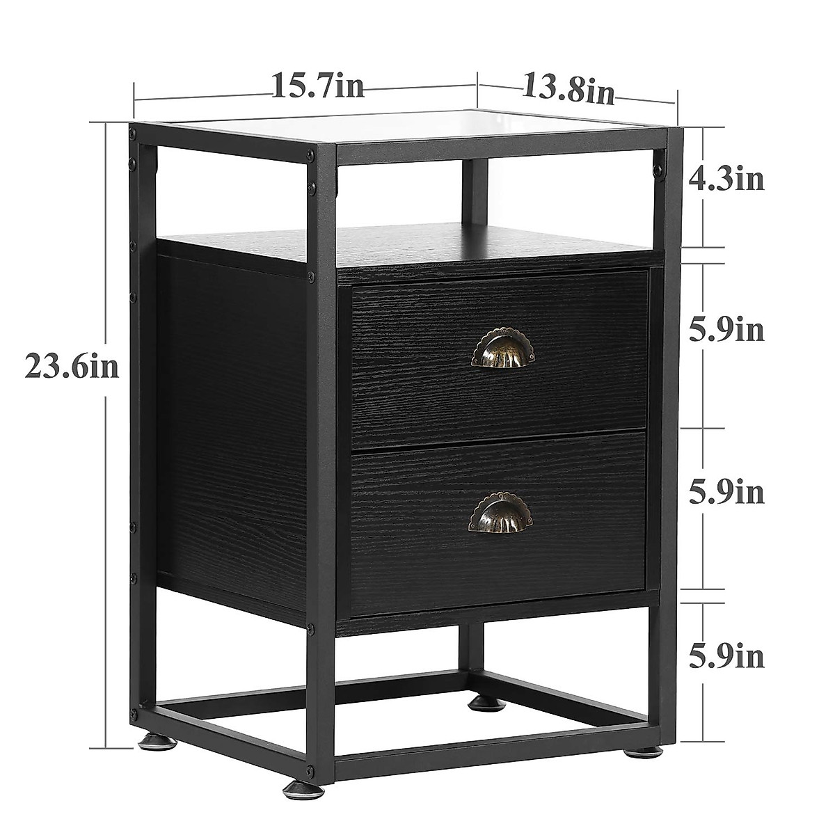 VECELO Nightstand,Glass Side End Table with Drawer and Shelf for Living Room,Bedroom,Lounge, 2PCS, Black