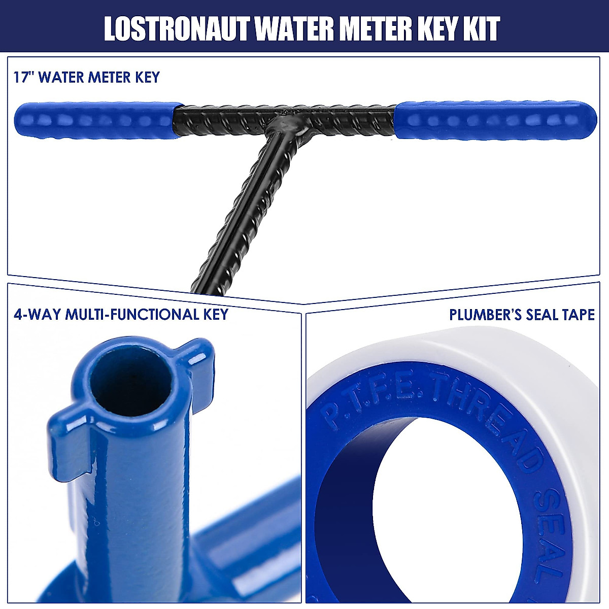 LOSTRONAUT Water Meter Key Wrench 17 Inch - Includes 4-Way Utility Tool and Plumbers Tape - Contractor Grade Curb Valve Tool for Main Shut Off