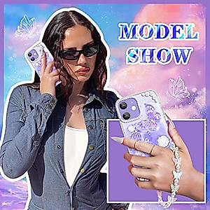 Goocrux (4in1 Case for Apple iPhone 11 Butterfly Glitter Handmade Sequin Sparkle Pretty for Women Girls Clear Design Crystal Pearl Sparkly Cute Girly Phone Cases+Chain+Camera Cover+Screen Protector