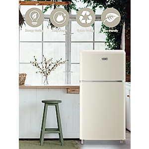 WANAI Compact Refrigerator 3.5 Cu.Ft Retro Mini Fridge With Freezer 2 Door Mini Refrigerator with 7 TEMP Modes, Removable Shelves, LED Lights, Ideal for Apartment Camper Dorm and Office, Cream