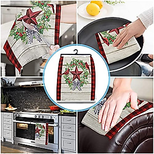 Yun Nist Kitchen Dish Towels,Xmas Western Star Cardinal Soft Microfiber Dish Cloths Reusable Hand Towels,Holly Berry Farm Plank Red Buffalo Plaid Washable Tea Towel for Dishes Counters 1 Pack