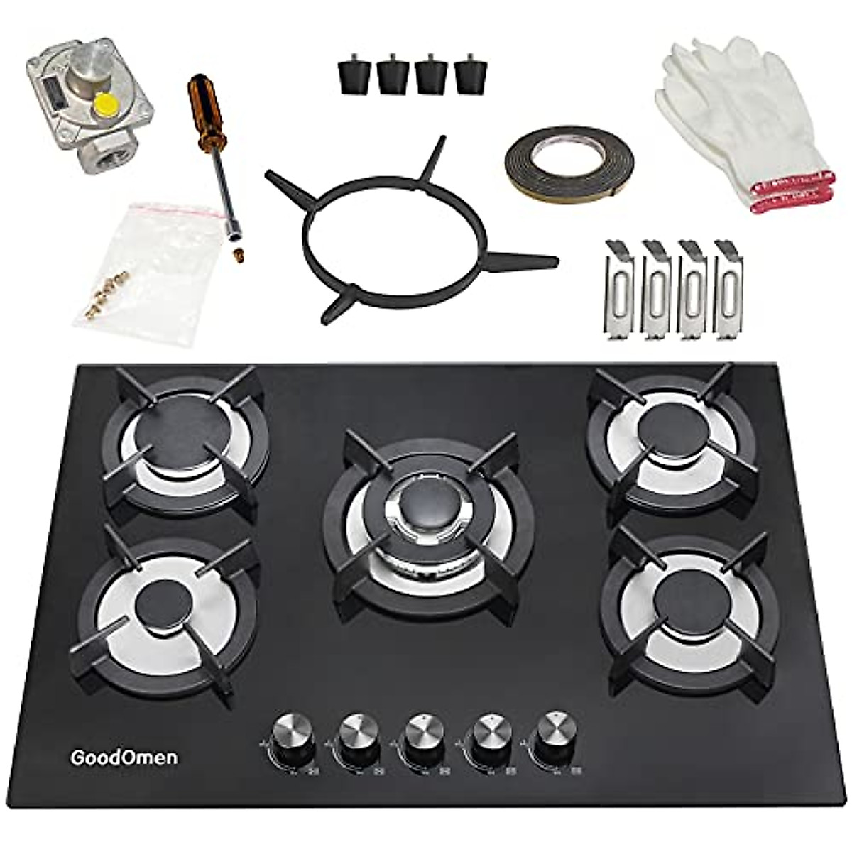 Gas Cooktop 30 inches 5 Burners in Tempered Glass, Built In Gas Stove Gas Hob Stovetop with Cast Iron Grates, LPG/NG Convertible and Easy to Clean