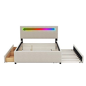 Linique Queen Size Upholstered Storage Platform Bed with Twin Size Trundle and 2 Drawers,Headboard with LED Light and USB Charging,Beige