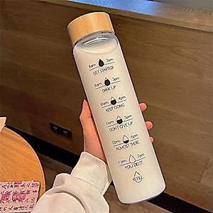 HOLABEAR 32oz Glass Motivational Daily Water Intake Bottle with Time Marker, Leakproof Bamboo Lid and Holder Sleeves, for Hot and Cold Drinks, Clear Reusable BPA Free