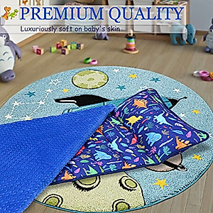 Cloele Dinosaur Toddler Nap Mat with Reusable Pillow and Minky Blanket - Kids Sleeping Bag for Boys 50"x20" Blue Kids Preschool Nap Sack - Soft Perfect for Kindergarten Sleeping Mat Travel Sleepovers