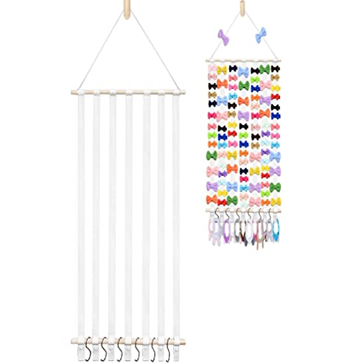 Danightime 48.5" X 16.5" Bow Holder for Baby w/7 Cotton Ribbons, 6 Metal Hooks , 1 Seamless Hook & 1 Wooden Wall Hook, Hair Bow Organizer for Girls, White
