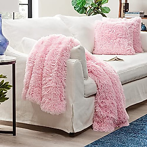 Chanasya Fuzzy Shaggy Faux Fur Throw Blanket and Pillow Cover 3-Piece Set - Lightweight Plush Sherpa Throw (50x65 Inches) and 2 Matching Throw Pillow Covers (18x18 Inches) for Bed Couch - Pink