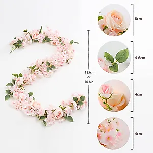 Anna's Whimsy 6.07FT Rose & Cherry Blossom Garland, Silk Artificial Flower, Flower Hanging Vines for Wedding Arch Party Table Home Garden Outdoor Kawaii Decor