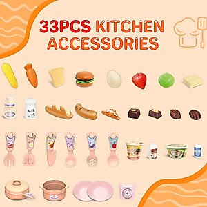 deAO Mini Kitchen Playset Toy,33 PCS Play Kitchen with Realistic Steam and Lights, Role Playing Game Pretend Food and Cooking Playset, Mini Kitchen Accessories Set for 3 4 Girls Boys