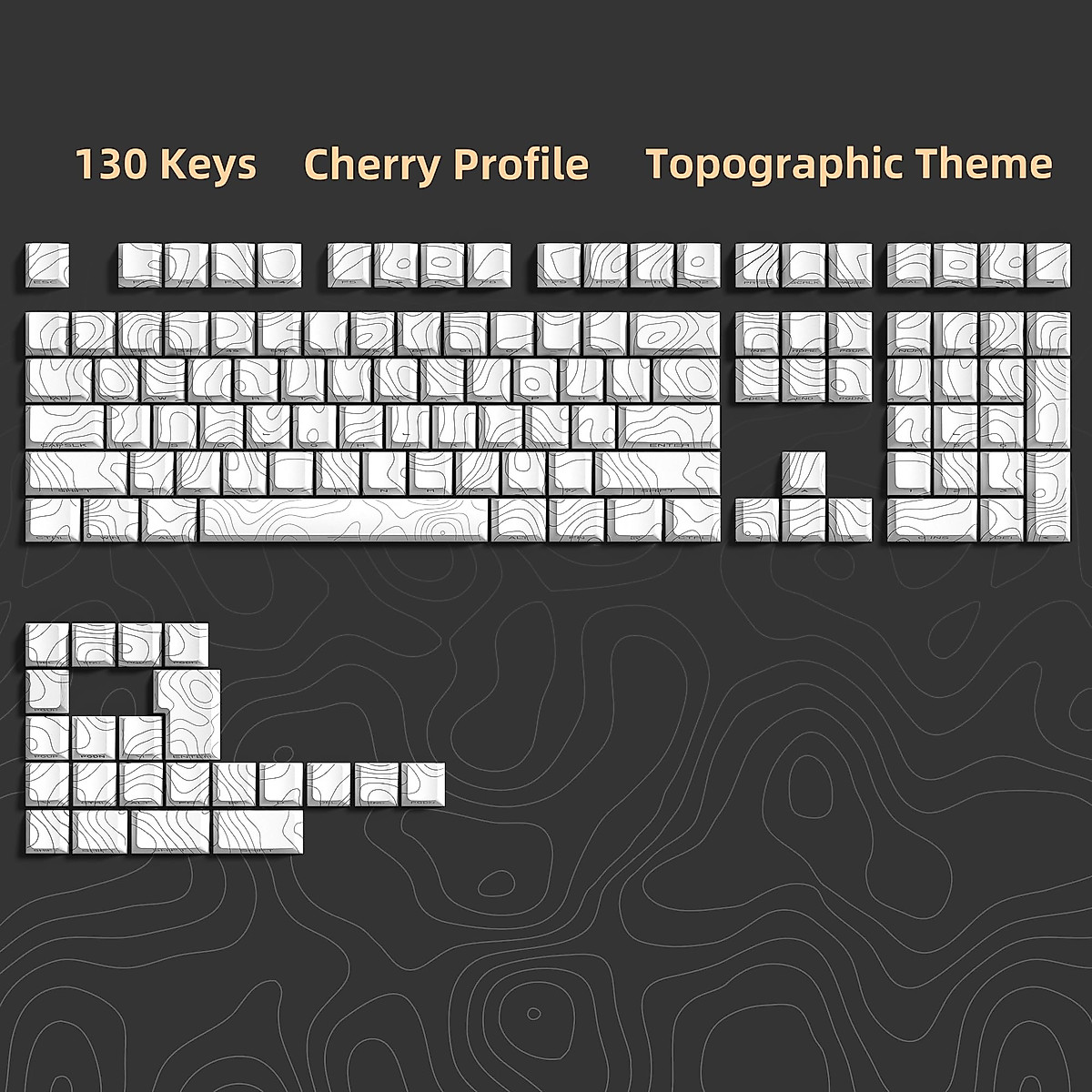 dagaladoo White Topographic keycaps Double Shot PBT keycaps Shine Through Keyboard Keys Side Printed Key caps Cherry Profile Custom keycap Set for100%, 75%, 65%, 60% US Layout Mechanical Keyboard
