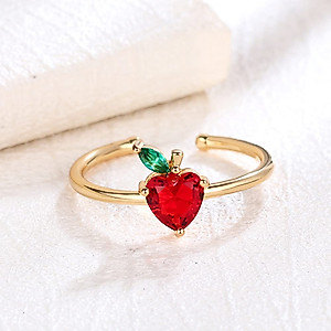 Izpack Cute Red Apple Open Stackable Ring Crystal Cubic Zirconia Adjustable Fruit Statement Rings Gold Plated Tail Finger Band Rings Dainty Fashion Jewelry Graduation Gifts for Women Teen Girls Bff
