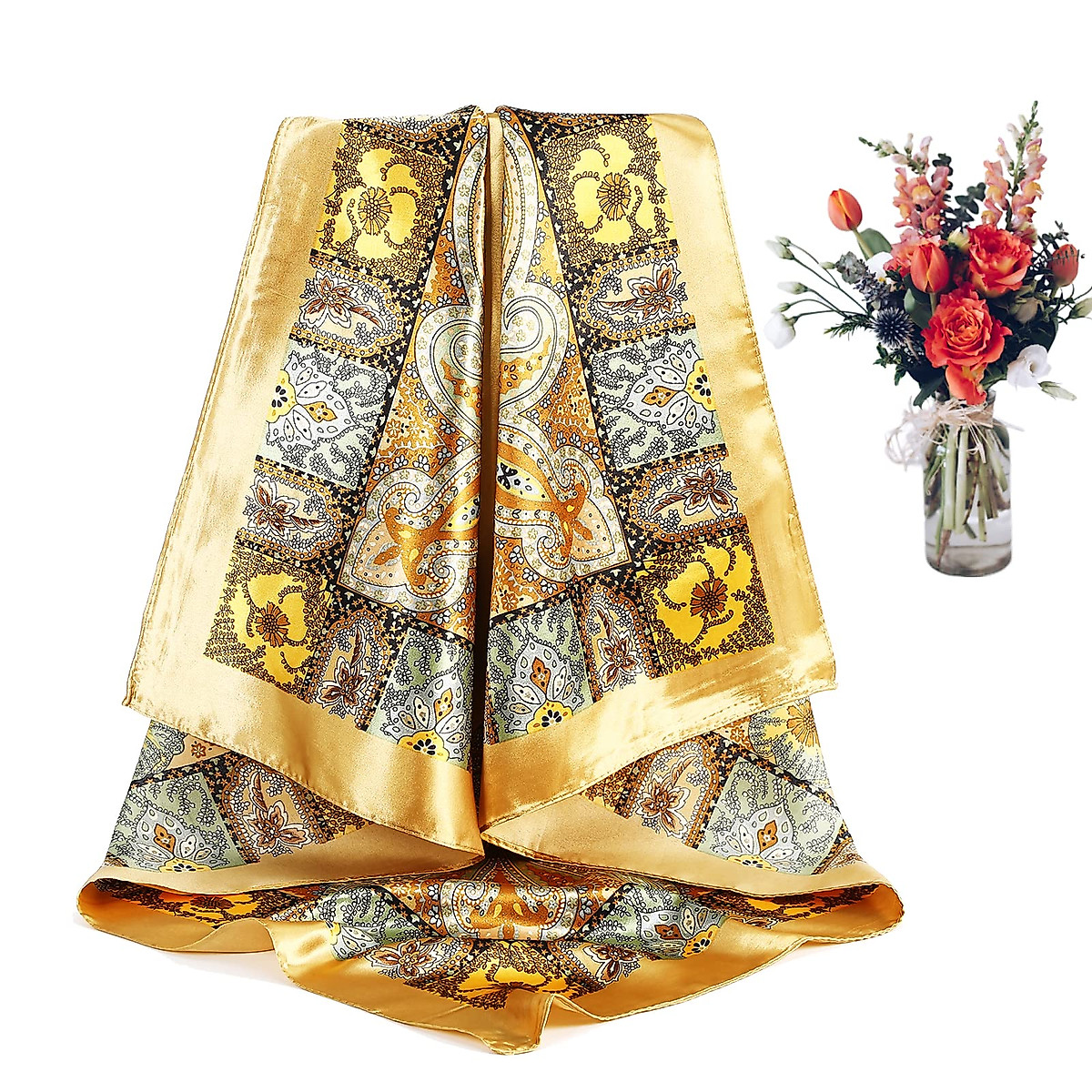 35" Satin Square Hair Scarf Bandanas - 3Pcs Large Silk Head Scarves Lightweight Satin Hair Kerchief Sleeping Hair Wraps for Women (Camel + Black + Beige)