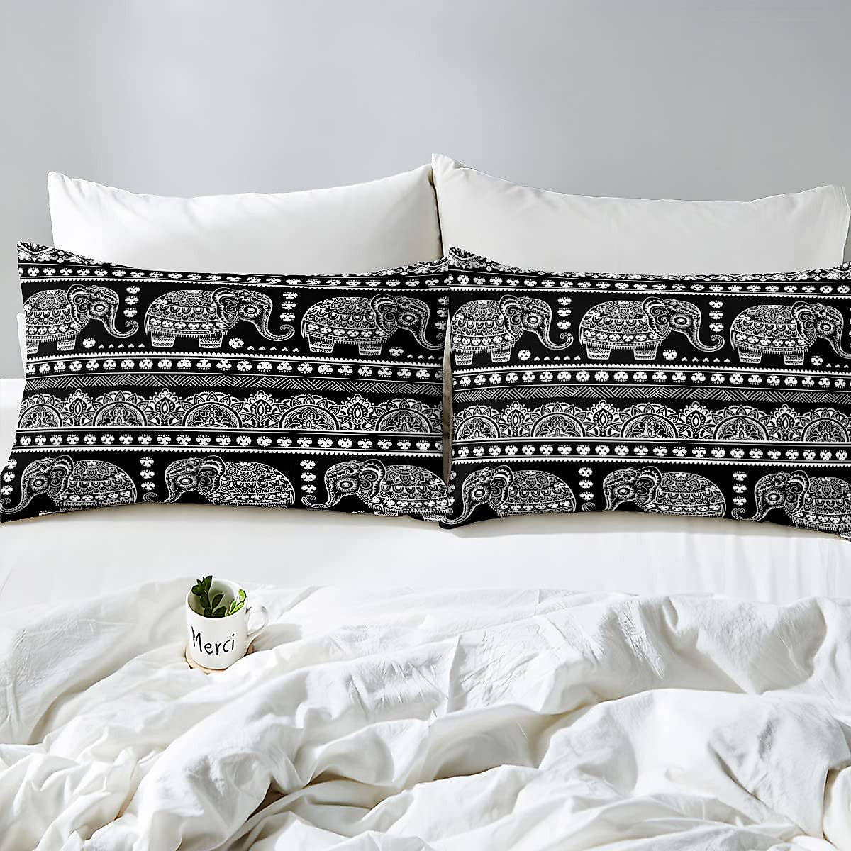Elephant Fitted Sheet Full,Exotic Bohemian Black and White Bed Sheets Paisley Floral Bedding Sets for Kids Child,Ethnic Tribal Wildlife Bedding Decor Set Tribe Western Animals Boho Room Decor