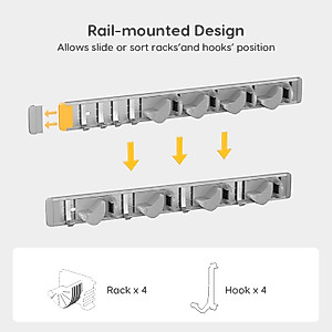 Unjumbly Broom Holder Wall Mount, Drilling Free Mop and Broom Holder with 2 Over Door Hooks, Tool Organizer for Laundry Room, Garage, Kitchen, Closet, Bathroom, Pantry, Mid Grey (4 Racks and 4 Hooks)