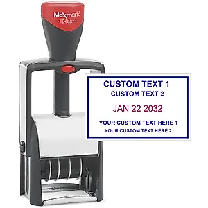 MaxMark Heavy Duty Date Stamp with 4-Line Custom Text, Self Inking Date Stamp - 2160 - Choose from Many Font and Color Options