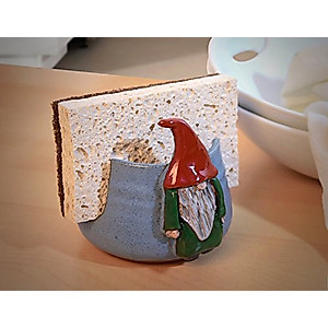 American Handmade Pottery Kitchen Sponge Holder, Garden Gnome Motif